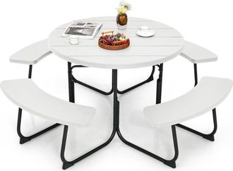 Costway Ensemble Table de Pique-Nique avec 4 Bancs Int&eacute;gr&eacute;s, Ensemble de Jardin Table de Pique-Nique Circulaire 135KG Trou pour Parasol, pour Jardin Piscine