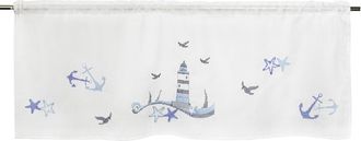 Delindo Lifestyle Scheibengardine Leuchtturm-Motiv, Moderne und transparente Bistrogardine, weiß-blau, für Küche und Bad, 45x115 cm