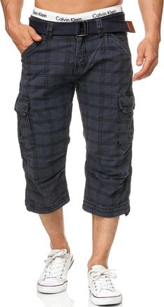 Indicode Herren Nicolas Check 3/4 Cargo-Shorts inkl. G&uuml;rtel | Herrenshorts aus Baumwolle Navy Check, XXL