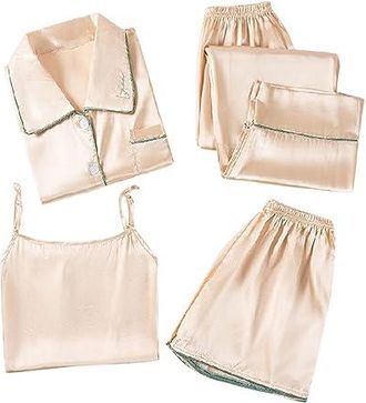 Generic Ensemble de pyjama 4 pi&egrave;ces en satin de soie pour femme - Ensemble de pyjama 4 pi&egrave;ces - Pyjama &agrave; manches courtes - V&ecirc;tements de nuit &agrave; manches courtes