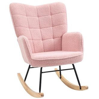 HOMCOM Fauteuil à Bascule, Rocking Chair, revêtement Bouclette, Chaise à Bascule, Structure en Acier, Pieds en Bois Massif, Rose