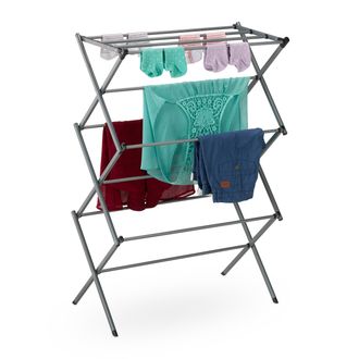 Relaxdays Wäscheständer klappbar, 11 Stangen, 6 Ebenen, HBT: 105x73x37 cm, Wäscheturm, Metall Wäschegestell, Silber