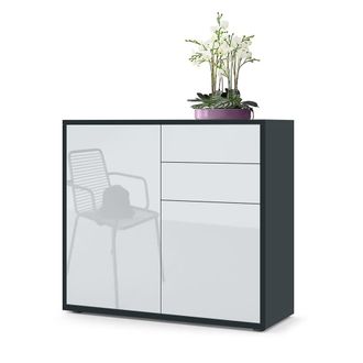 Vladon Sideboard Ben, Made in Germany, Kommode mit 2 Türen und 2 Schubladen, Schwarz matt/Weiß Hochglanz (79 x 74 x 36 cm)