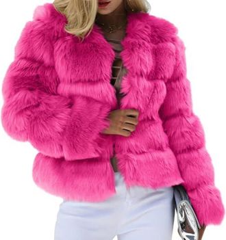 Minetom Manteaux Femme Élégant Manteau en Peluche Manche Longue Fausse Fourrure Blouson Hiver Chaud Doux Epaissé Veste Parka A Rose Vif 3XL