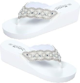 BESPORTBLE Sandales Femme Blanches Perles et Cristaux Semelle Antidérapante Compensée Légères et Confortables pour Plage et Sorties Estivales