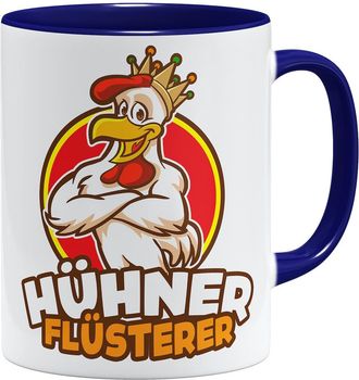 OM3 H&uuml;hnerfl&uuml;sterer Tasse Farmer H&uuml;hner Fl&uuml;sterer Huhn Hahn III - Keramik Becher - 11oz 325ml - Beidseitig Bedruckt - Dunkelblau