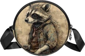 Generic Sac &agrave; bandouli&egrave;re rond pour femme, motif raton laveur, style vintage, avec fermeture &eacute;clair, bretelles r&eacute;glables, sac &agrave; main rond d&eacute;contract&eacute; pour fem