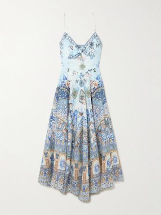 Camilla Midikleid Aus Bedrucktem Leinen Mit Knoten Und Kristallen - Blau