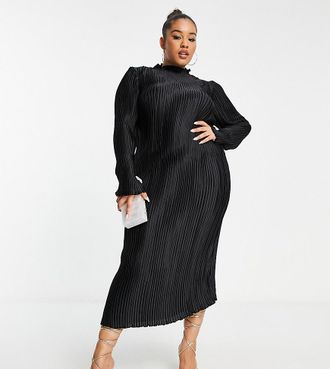 Asos Curve ASOS DESIGN Curve - Lang&auml;rmliges, plissiertes Satin-Midikleid in Schwarz