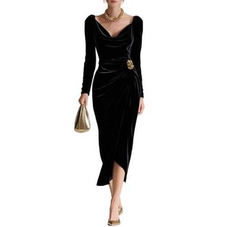 Generic Robe en velours pour femme avec col b&eacute;nitier - Manches longues - &Eacute;l&eacute;gante robe fronc&eacute;e moulante pour cocktail, f&ecirc;te dautomne, Noir, XXL