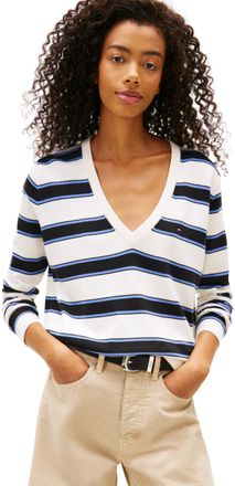Tommy Jeans Damen Tjw Essential Vneck Sweater EXT Dw0Dw19888 Pullover, Black (Black/Multi Stripe), XL