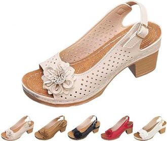 Generic Sandales &agrave; talon carr&eacute; avec boucle pour femme, bout ouvert et bride arri&egrave;re, sandales &agrave; talons bas et &eacute;pais, beige, 41.5 EU