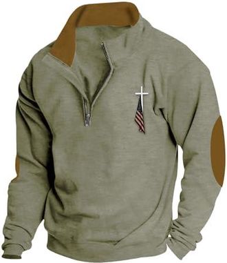 Generic Sweat-shirt rétro pour homme avec fermeture éclair, couleur unie, sweat-shirt ample extensible avec écusson elboe, vêtement dextérieur imprimé drapeau