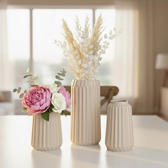 Relaxdays Vasen 3er Set, Blumenvasen, 3 versch. Gr&ouml;&szlig;en, Frisch- & Trockenblumen, Dekovase aus Keramik, Tischdeko, beige