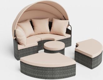 Costway Lit Rond dExt&eacute;rieur avec Auvent R&eacute;tractable, Canap&eacute; dExt&eacute;rieur en Sections en Rotin PE avec Coussins, pour Jardin, Piscine, Beige