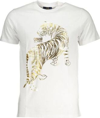 Cavalli Goldenes Tigerdruck T-Shirt - - Tops - Herren - Wei&szlig; - XL