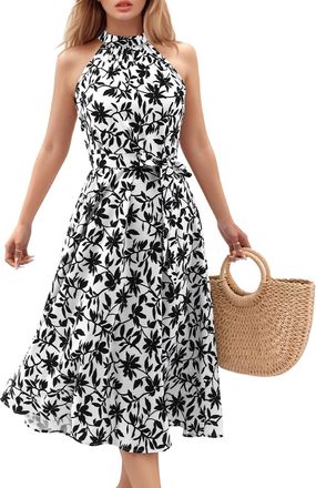 Bbonlinedress Sommerkleid Damen lang elegant Blumendruck Freizeitkleider Neckholder Casual Floral Boho Strandkleid Party Cocktailkleid White Black Flower 2XL