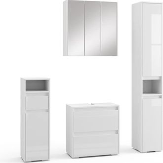 Vicco Badmöbel-Set Weiß Majest, bestehend aus Badspiegelschrank, Waschbeckenunterschrank, Midischrank, Hochschrank - Kombination aus Schubladen & Regalen