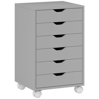 HOMCOM Schreibtisch-Schubladenschrank, Mobiler Aktenschrank mit 6 Schubladen, Druckerhalter mit Rollen, Geräuschlose Gleitschienen, für Büro, Zuhause, Grau