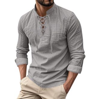Generic Chemises en coton pour homme en lin pour homme - Chemise en lin &agrave; manches longues - Chemise en coton &agrave; manches longues - Coupe ajust&eacute;e - T-shirts d&eacute;co