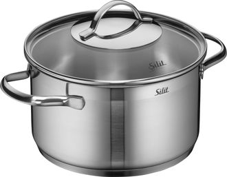 Silit Achat Kochtopf groß 20cm, Glasdeckel, Fleischtopf Induktion 3,3l, Edelstahl teilmattiert, unbeschichtet, backofengeeignet