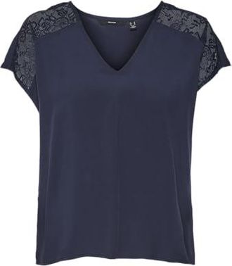 Vero Moda Vmrusk Lace V-Neck SS Top WVN GA Haut, Blazer Bleu Marine, L Femmes