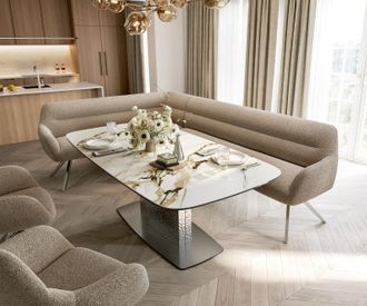 DELIFE Esszimmerbank Taya-Flex 285x190 cm Boucl&eacute; Schlamm Kreuzgestell kantig Edelstahl Taschenfederkern Rechts, B&auml;nke