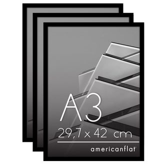 Americanflat Din A3 Bilderrahmen Set (3er Pack) - schmaler Fotorahmen mit Plexi-Scheibe - integrierte Aufh&auml;ngung f&uuml;r Hoch- und Querformat - Schwarz