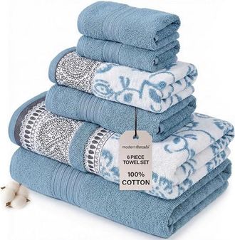 Modern Threads Ophelia Blue Lot de 6 Serviettes de Bain, 2 essuie-Mains, 2 d&eacute;barbouillettes en Fil Teint Jacquard/uni