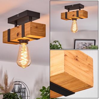 HOFSTEIN Deckenleuchte Sernadelo, 1-flammige Deckenlampe aus Holz/Metall/Glas in Natur/Schwarz, moderne Leuchte im Industrial-Design, E27, Esszimmer, Schlafzim