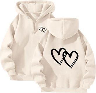 Generic 2025 Sweat &agrave; capuche &agrave; manches longues avec imprim&eacute; graphique coeur pour femme Fermeture &eacute;clair quart de temps, beige, S