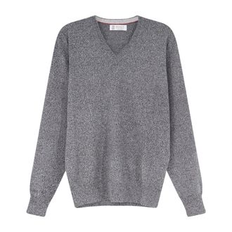 Brunello Cucinelli V-Ausschnitt Pullover aus reinem Kaschmir mit Rippb&uuml;ndchen - - Knitwear - Herren - Grau - M