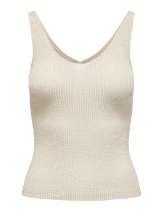 Jacqueline de Yong JdY Damen Tank Top V-Ausschnitt Ärmellos Geripptes Design Bequemer Knit Fit, Farben:Beige, Größe:XL