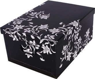 Kreher XXL Dekokarton, Aufbewahrungsbox mit Deckel und Griffen. 45 Liter Volumen. Verschiedene Motive (Barock Blume Schwarz)