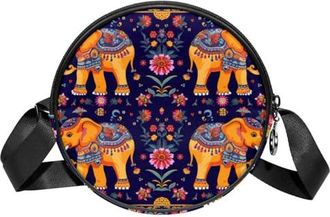 Generic Sac &agrave; bandouli&egrave;re rond pour femme, motif &eacute;l&eacute;phants, fleurs, petit sac &agrave; bandouli&egrave;re avec fermeture &eacute;clair, bretelles r&eacute;glables, sac &agrave; main rond d&eacute;cont