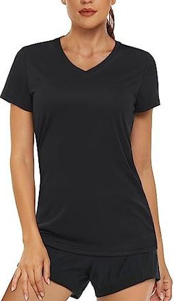Magcomsen T-Shirt d&eacute;t&eacute; &agrave; col en V pour Femmes, Protection Solaire, Hauts &agrave; Manches Courtes, s&eacute;chage Rapide, Chemises de Sport l&eacute;g&egrave;res, Noir