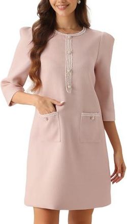 Allegra K Robe Élégante en Tweed Femme à Manches 3/4 Robe Trapèze Col Rond Coupe Ample Robe Mi-Longue Formelle pour Bureau Rose XS