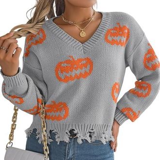 Generic Pull dHalloween pour femme | Pull tricot&eacute; &agrave; col en V d&eacute;chir&eacute; - Haut court tendance &agrave; porter au quotidien, gris, S