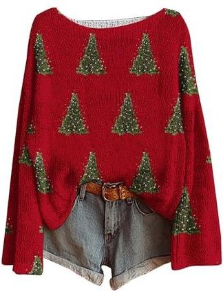 Generic Pull tricoté pour femme avec motif sapin de Noël - Pull de Noël - Flocon de neige - Pull fantaisie festif - Confortable et doux - Léger - Pull de Noël