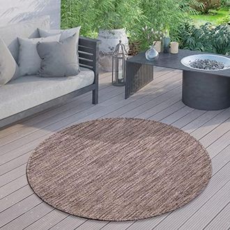 Paco Home Tapis Extérieur Rond Résistant Aux Intempéries Balcon Terrasse Tapis De Cuisine Motif Monochrome, Dimension:200 cm Rond, Couleur:Taupe
