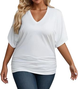 Generic Chemises dété à manches courtes et col en V pour femmes avec fronces latérales, coupe ample, blanc, 3XL