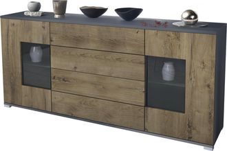 Vladon Sideboard Grömitz V2, Kommode mit 2 großen Türen und 4 Schubladen, Anthrazit matt/Eiche Ribbeck (166,5 x 75,5 x 35)