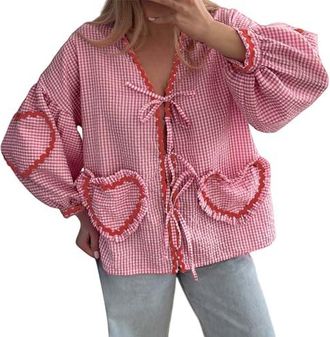 Generic Chemise à carreaux à manches longues pour femme, style décontracté, tendance, col en V, chemisier à carreaux, haut baggy, haut décontracté, chemise mo