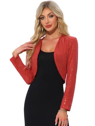 Allegra K Damen Pailletten Festlich Party Jacke Vorne Offen Kurz Glitzernder Bolero Rot XS
