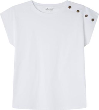 Springfield Damen Camisetademangacortacontapetapequeña T-Shirt Schulter Knöpfe Baumwolle, Standardweiß 2, M