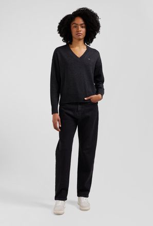 Eden Park Pull Col V En Laine Et Coton Gris Fonc&eacute; Chin&eacute; Coupe Relaxed