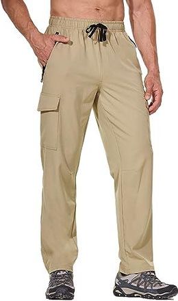 Baleaf Pantalon de randonnée cargo pour homme - Séchage rapide - Imperméable - Taille élastique - Jambe droite - Léger - UPF50+, Empiècement kaki - 73 cm, XL