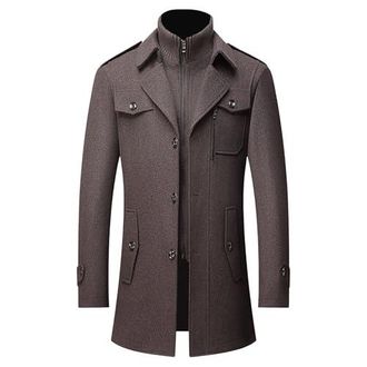 Generic Manteau classique &agrave; col montant en laine m&eacute;lang&eacute;e pour homme Printemps Hiver Simple Boutonnage Coupe ajust&eacute;e Chaud Doux Manteau, caf&eacute;, XXL