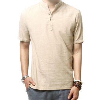 Hoerev M&auml;nner l&auml;ssig Kurzarm Leinen Slim Fit Hemden Beach Shirts,Beige,DE 52 Gr&ouml;&szlig;e XL