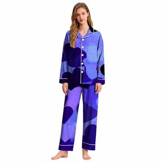 Generic Ensemble de pyjama en satin de soie pour femme - V&ecirc;tement de nuit &agrave; manches longues - Haut boutonn&eacute; et pantalon - Tenue 2 pi&egrave;ces pour femme - V&ecirc;tement